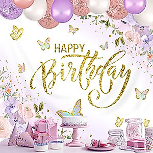 Homewelle Purple Pink Floral Butterfly Happy Birthday Backdrop for Girls 7Wx5H Feet Polyester Fabric Blush Peach Lilac Flowers Gold Birthday Party Decoration Photography Background Photo Shoot Prop
