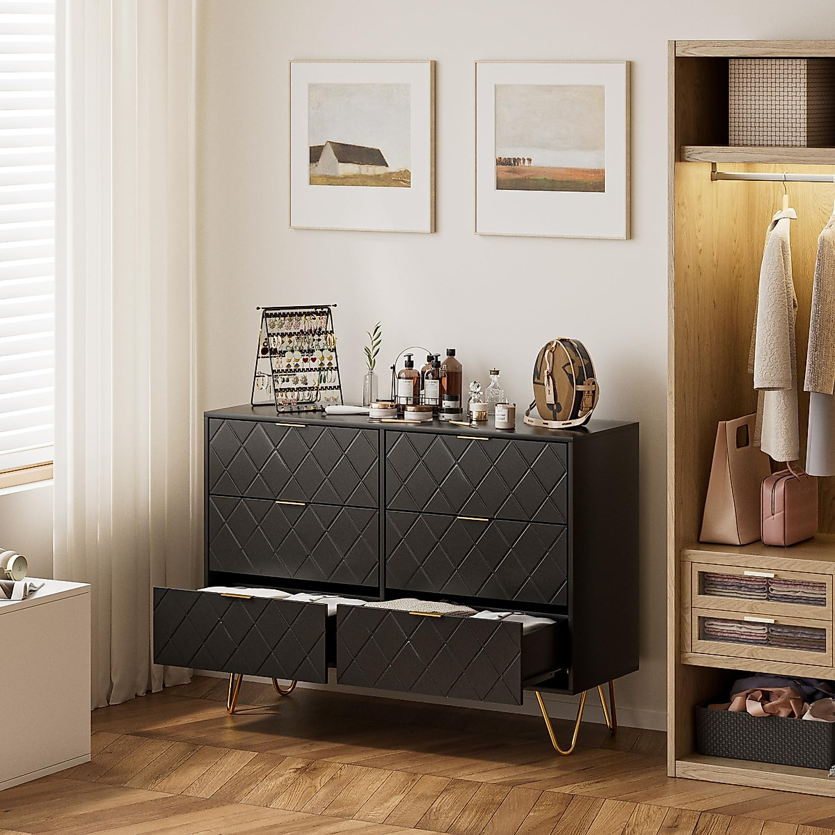 Aobafuir 6 Drawer Dresser, Drawer Chest, Tall Storage Dresser Chest Cabinet Organizer Unit with Metal Legs, Big Dresser for Bedroom, Living Room, Closet, Hallway Black Diamond