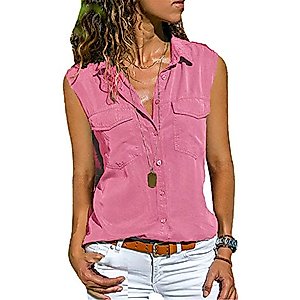 Andongnywell Women's Casual Lapel Sleeveless Cardigan Shirt Pocket Solid Color Summer Buttons Blouse (Pink,8,5X-Large)
