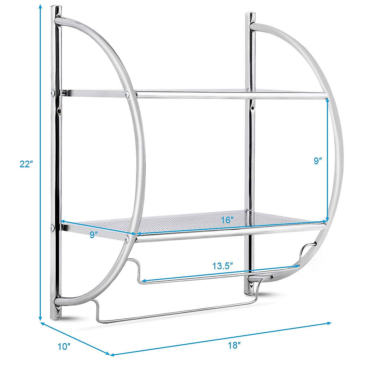 Tangkula Bathroom Shelf, 2 Tier Wall Mounted Bathroom Shelves with Bars, Double Layer Ventilate Racks, Rustproof Chrome Over Toilet Wall Shelf, Bathroom Organizer for Kitchen, Living Room