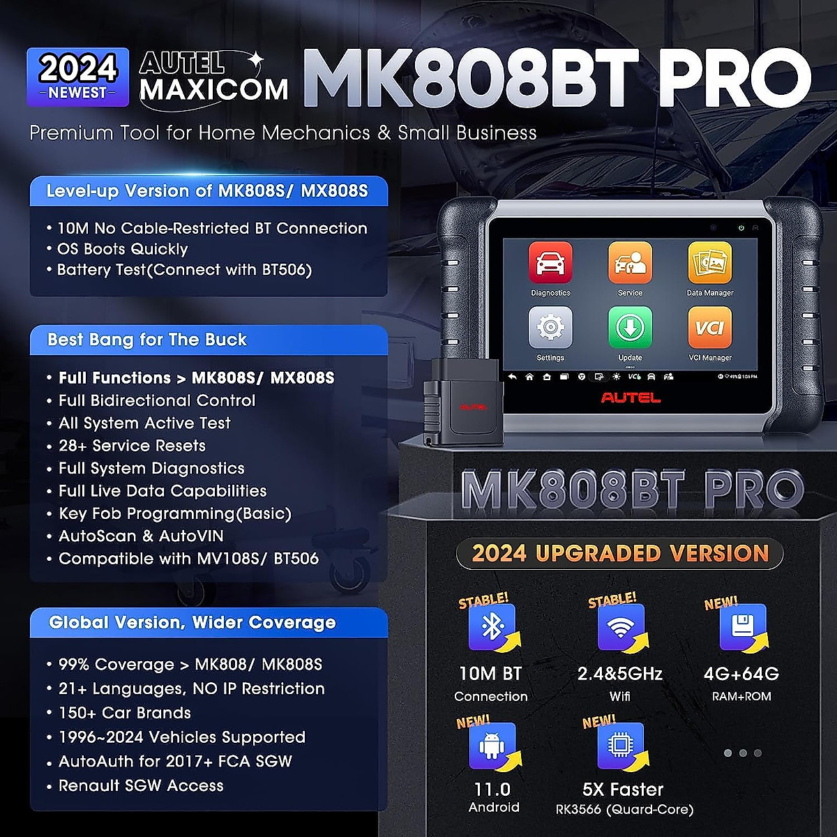 Autel MaxiCOM MK808BT PRO Scanner: 2024 Full Bidirectional Tool Level-up of MK808S MX808S MK808Z MK808, OS 11, 4G+64G 2.4G&5G WIFI, Active Test, 28+ Service, All Sys Diagnostics AutoAuth BT506 Support
