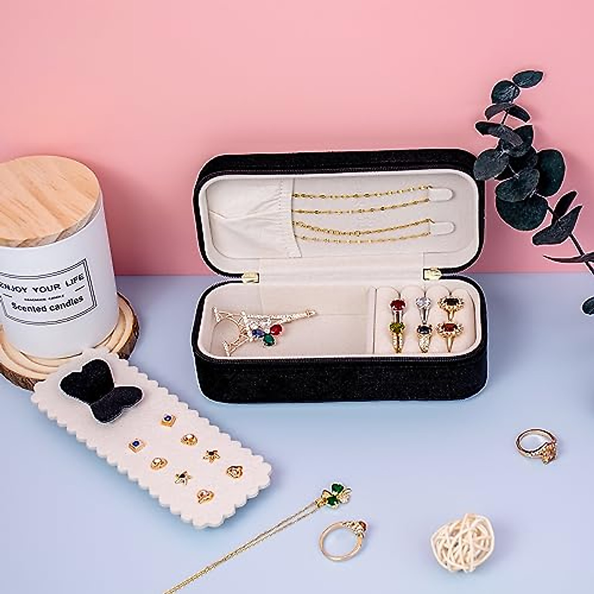 SANQIANWAN Plush Velvet Travel Jewelry Box Organizer for Women Luxury Fluffy Pleuche Portable Small Mini Grils Jewelry Case for Earings Rings Storage Holder (Black)
