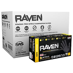 Raven 10 Pack SAS Safety 66517 6 mil Black Nitrile Disposable Gloves 7 Mil - Medium (100 Gloves per Box)