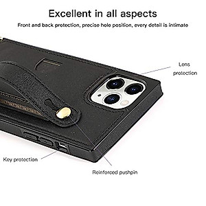 DEFBSC Crossbody Case for iPhone 12, iPhone 12 Pro Case 5G, Finger Strap Wallet Case with PU Kickstand and Adjustable Detachable Crossbody Strap Card Slot Heavy Duty Protective Square Cover-Black