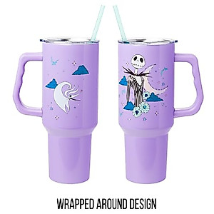 Silver Buffalo Disney Nightmare Before Christmas by Tim Burton Jack Skellington Stainless Steel Tumbler with Handle and Straw, Fits in Standard Cup Holder, 40 Ounces