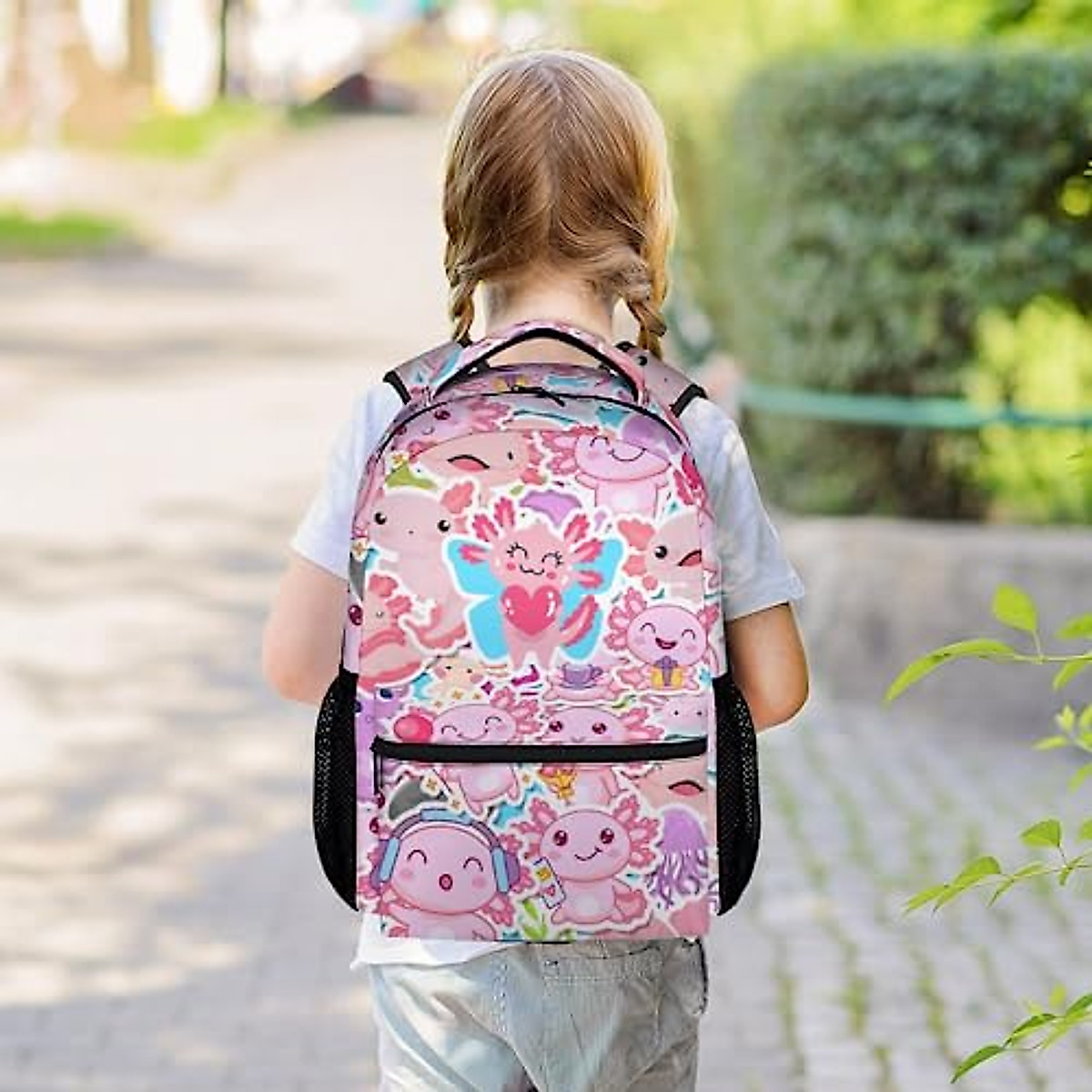 PAKKITOP Axolotl Backpack for Kids Girls, 16" Kawaii Backpack for School, Pink Print Large Capacity Lightweight Bookbag for Students Age 6-8