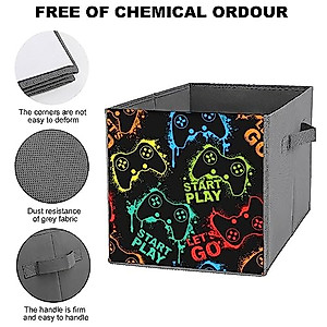 DamTma Video Game Storage Cubes Bin Fabric Foldable Joystick Gamepad Neon Storage Box Organizer Storage Boxes with Handles for Clothing Toys Game Controller Storage 11x11x11 Inch