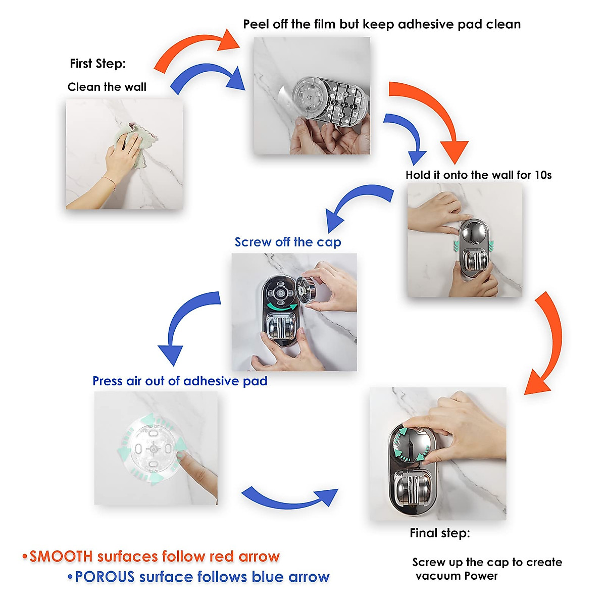 Wall Mount Handheld Shower Head Holder - 5 Positions Adjustable + 90° downwards - Large Shower Sprayer Fits - Suction Assisted Adhesive - Wide Slot - No Drill Installation - All Chrome Finish