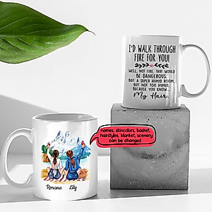 Personalized Best Friend Coffee Mug I'd Walk Through Fire For You, Choose Names, Hairstyle, Scenery, Custom Mugs For BFF, Besties, Good Friends Birthday Gift White Mug 11oz, 15oz
