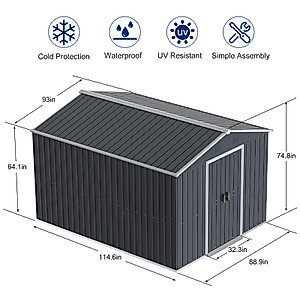 WELYAS Outdoor Metal Storage Shed 10x8FT, Outside Sheds Storage with Double Lockable Doors & Air Vent, Large Tool Sheds House for Garden Patio Lawn Backyard to Store Bikes,Lawnmower,Garage, Gray