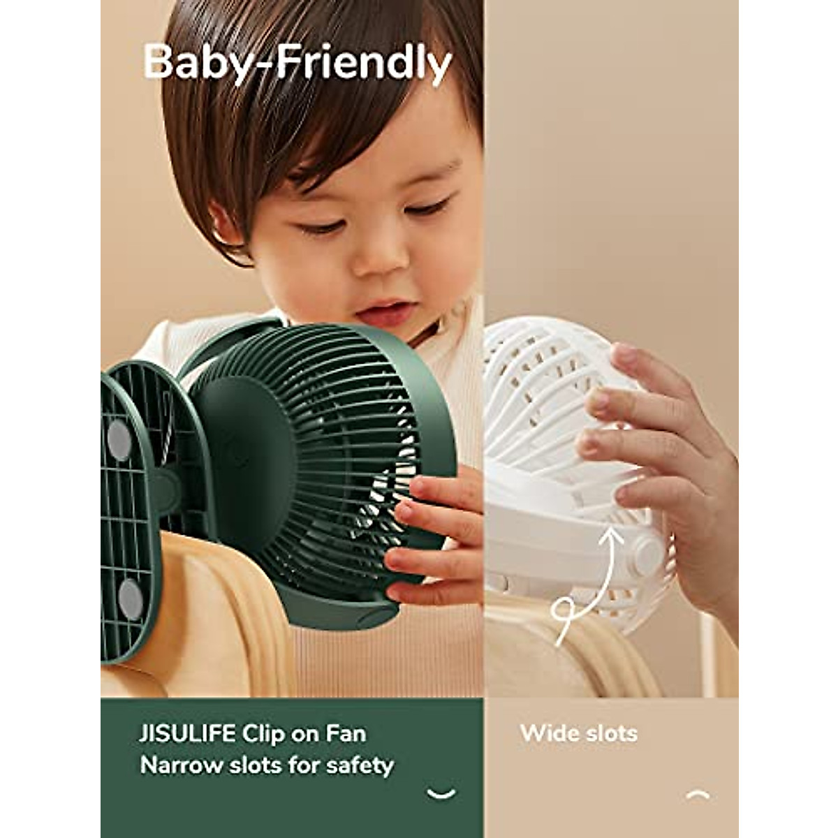 JISULIFE Clip on Baby Stroller Fan, 4000mAh Battery Operated Fan, Portable Personal Small Fan, Quiet & Narrow Slot Design, 4 Speeds, Max 14 Hrs, Ideal for Bed, Desk, Car Seat - Dark Green