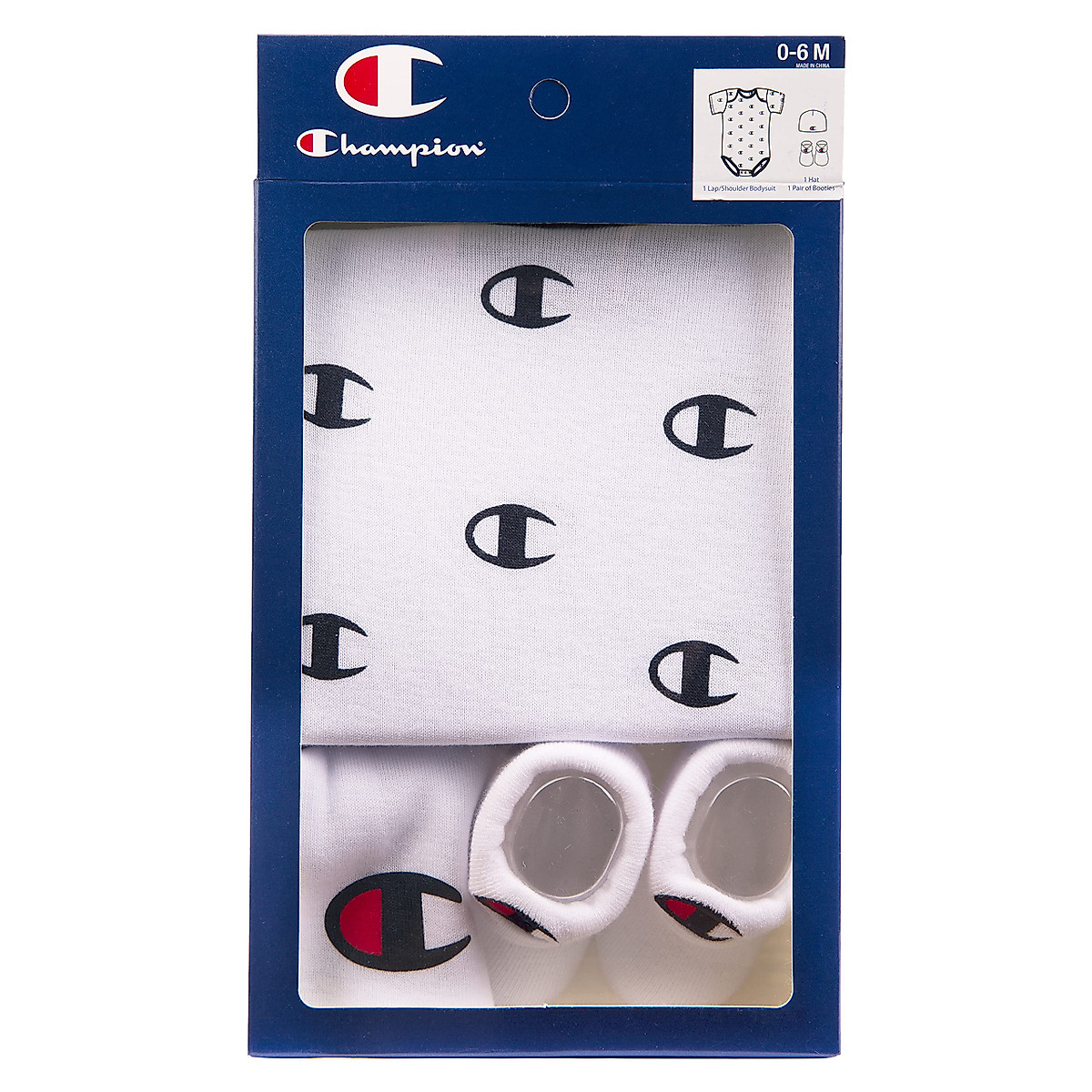 Champion Unisex Baby 3-PC Box Set Includes an Infant Body Suit, a Bib Or Hat & Pair of Booties in Colors and Size 0-6M, All Over C-White 100, 0-6