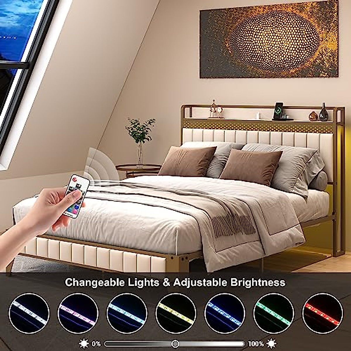 Saudism LED Bed Frame with Charging Station, King Size Bed Frame with Headboard Storage, Sturdy and Durable, No Box Spring Needed, Gold+Beige