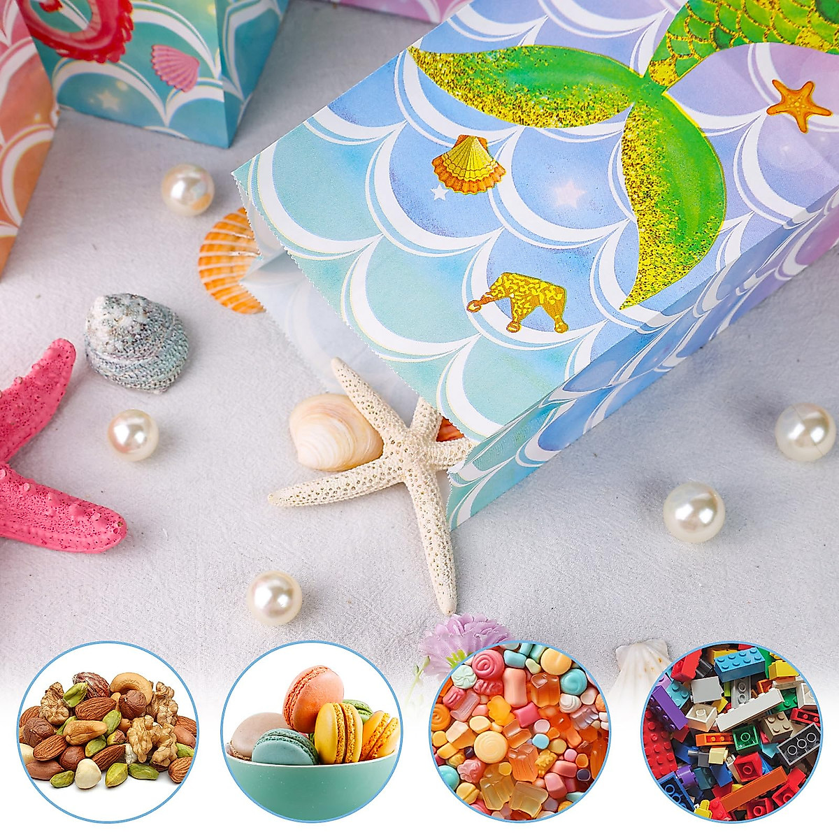 VGOODALL 24PCS Mermaid Party Favor Bags, Sea Theme Party Favor Bags Mermaid Gift Bags with Sealing Stickers for Baby Shower Bridal Shower 4.7" x 3.1" x 8.7"