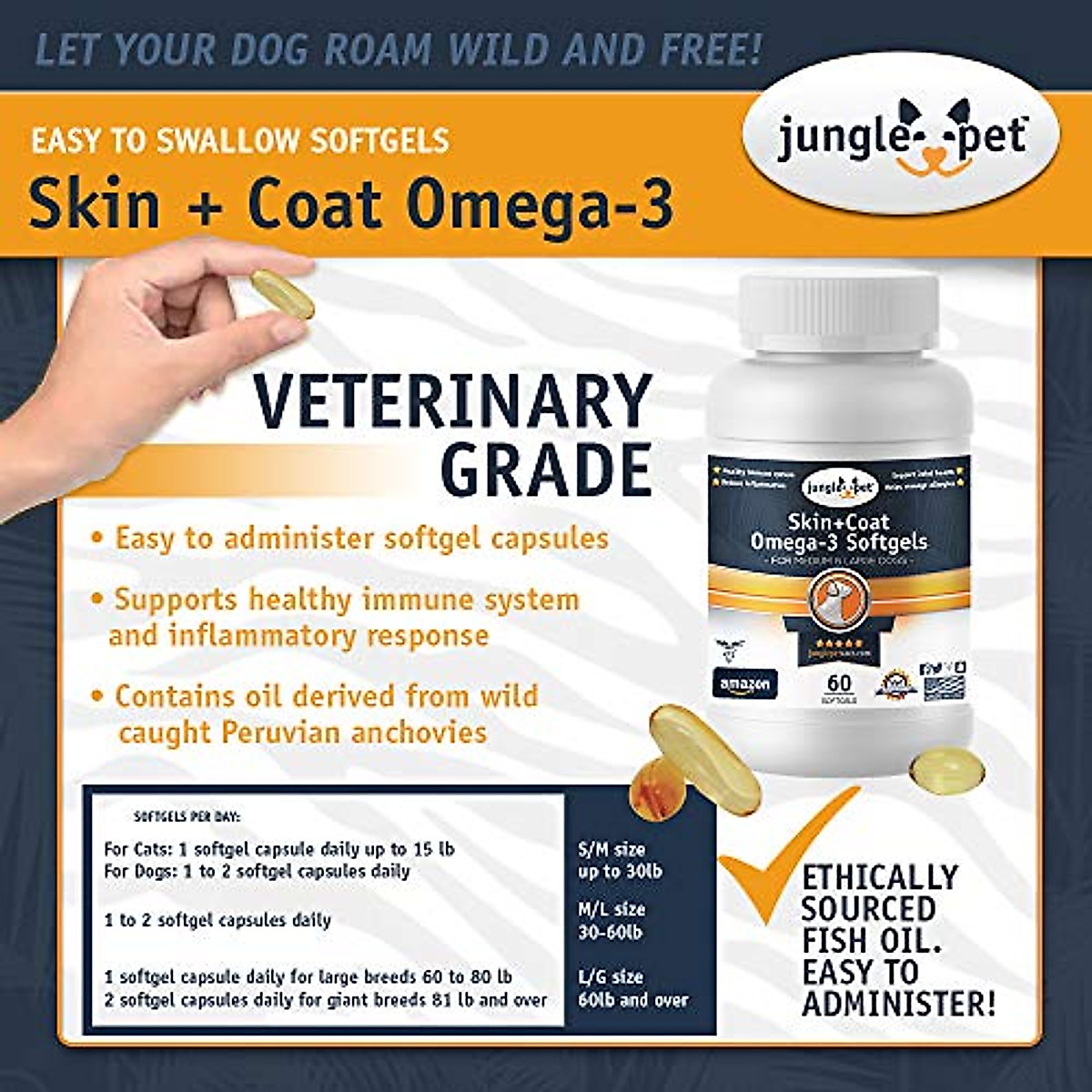 Jungle Pet Omega 3 Fish Oil for Dogs - Softgels Capsules Omega 3 for Dogs - Healthy Skin and Coat Dog Fish Oil Supplements - Medium & Large Dog Omega 3 Supplement for Skin and Joint Support - 60 ct