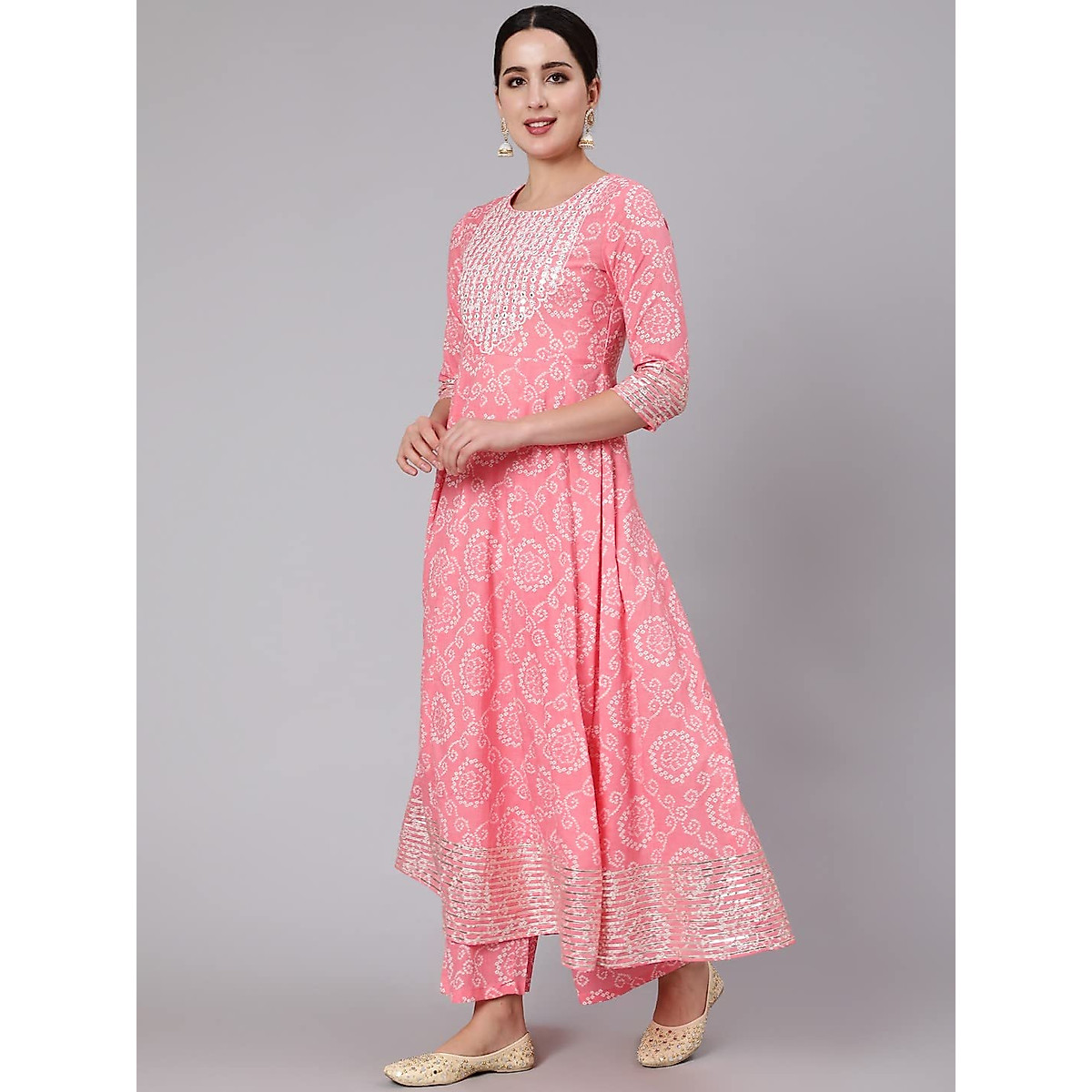 DREAMANGEL FASHION Womens Party Wear Pure Cotton Anarkali Kurta and Palazzo With Dupatta (as1, alpha, s, regular, regular, Pink, Small)