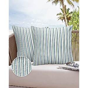 Waterproof Outdoor Pillow Covers, Teal Blue Grey Striped Decorative Pillow Cases, Hand Drawn White Modern Art Aesthetics Square Garden Throw Cushion Cases for Patio/Sofa/Couch 18"x18" 2 Pack