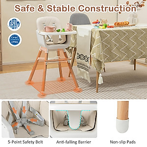 BABY JOY Baby High Chair, 6 in 1 Convertible Wooden High Chair for Babies & Toddlers with Adjustable Legs, Double Removable Tray, Safety Harness & Waterproof PU Cushion (Beige)