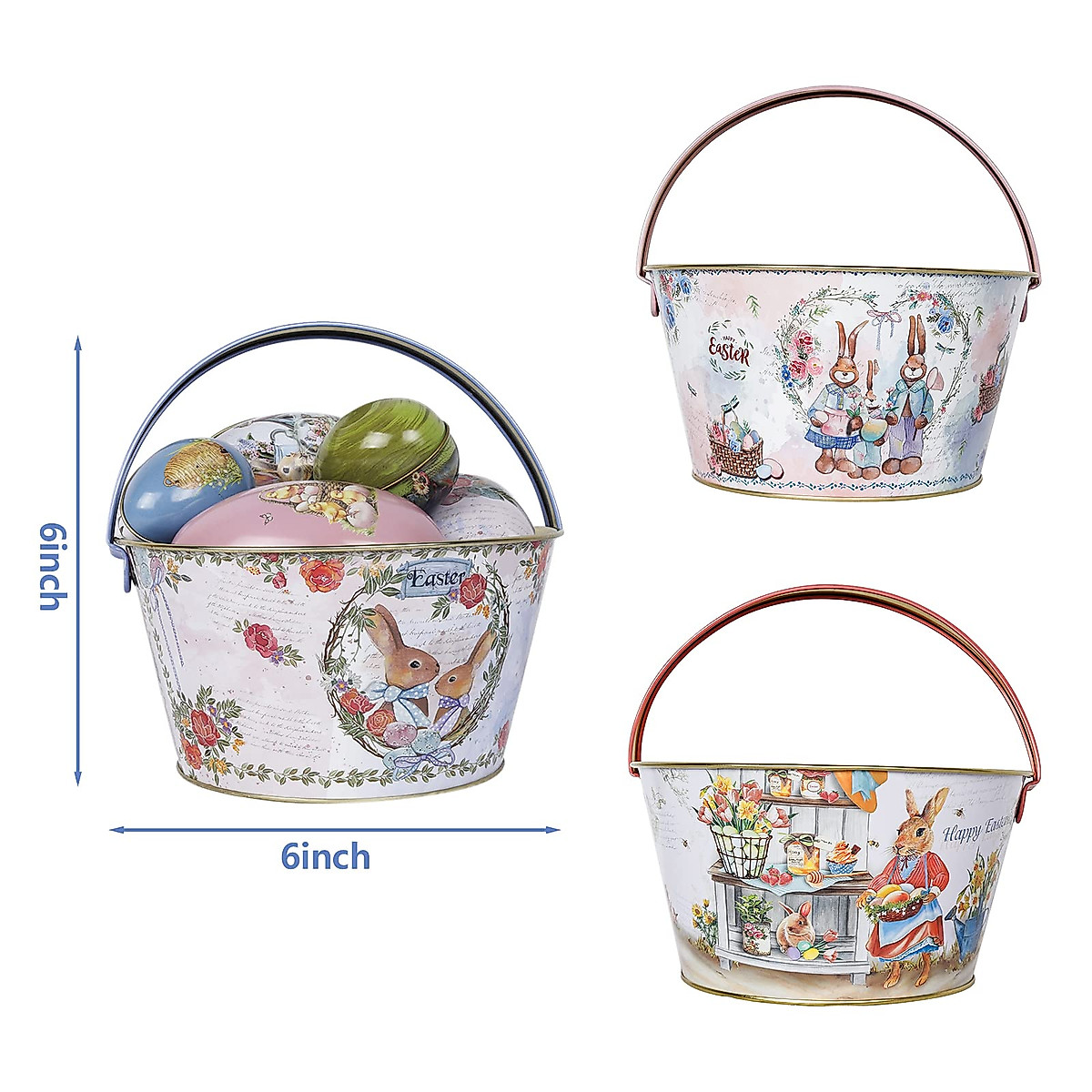 3 Pcs Easter Metal Buckets Easter Bunny Pail Baskets for Easter Eggs Hunt,Easter Pails Gift Baskets for Kids,Kids Easter Party Favor