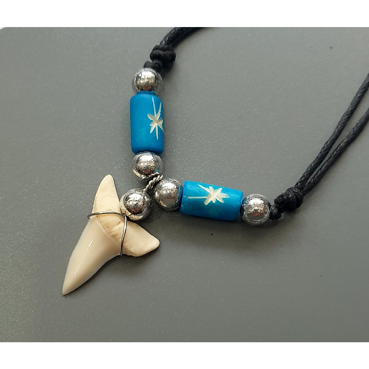 Swimmi Genuine Mako Shark Tooth Necklace for Men Women Boy Girl with Seed Beads and Adjustable Waxed Cord Handmade Jewelry CA268, Blue