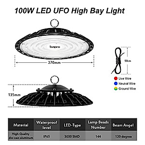 4 Pack 100W LED High Bay Light, 10000LM 6000K UFO LED Shop Light, 5' Cable with 110V US Plug, IP65 Commercial Lowbay Area Lighting Fixture for Garage Factory Workshop Warehouse Wet Location, Non-Dim
