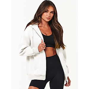 ANRABESS Womens Zip Up Hoodies Long Sleeve Oversized Sweatshirts Fleece Y2K Jacket Pockets 2025 Fall Outfits Fashion Clothes White Small