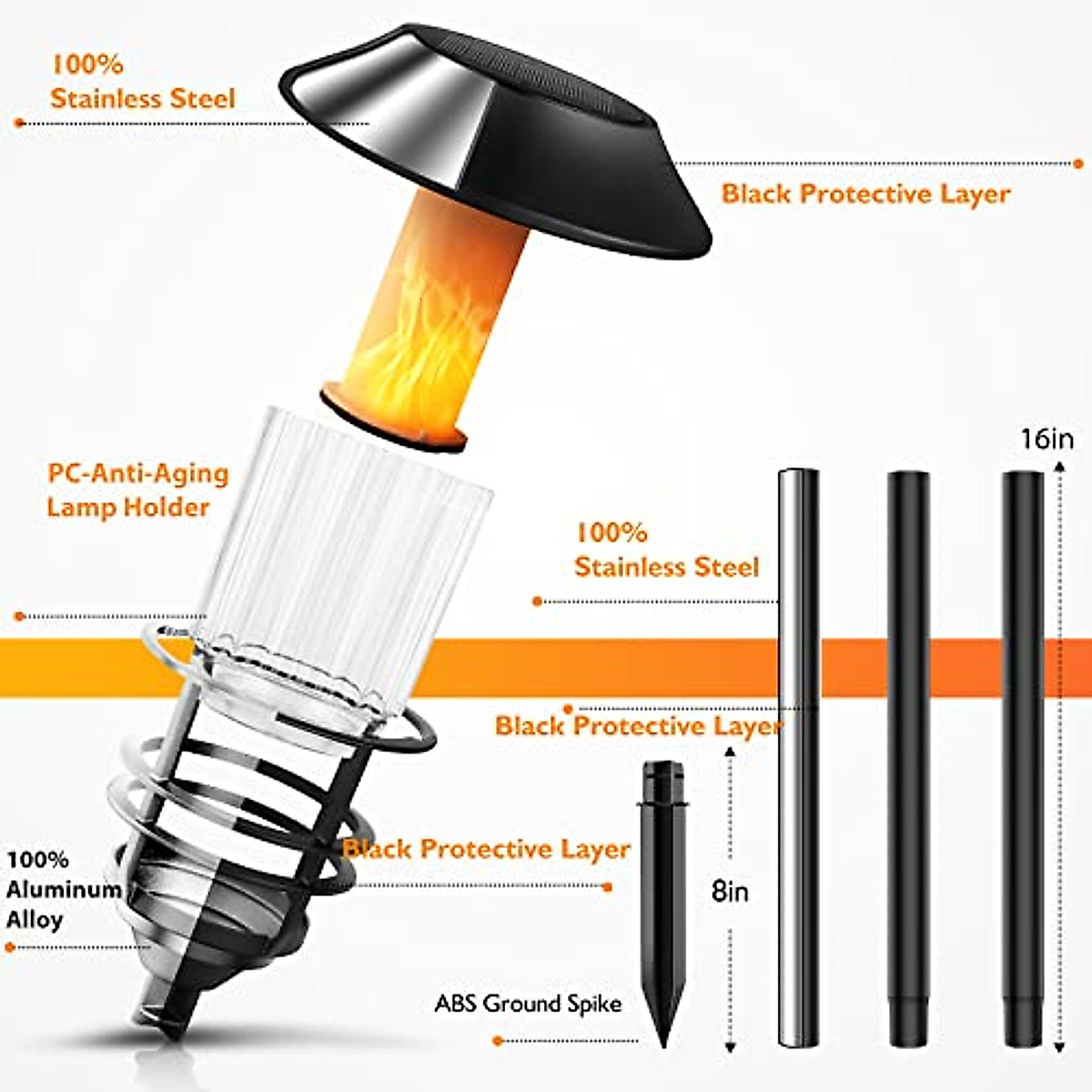 ZOOHAR Solar Outdoor Lights,Extra-Tall Solar Torches with Flickering Flame 2-Pack Waterproof Garden Lights,Stainless Steel Pathway Lighting Garden Decor, Yard Decorations Outdoor Auto On/Off