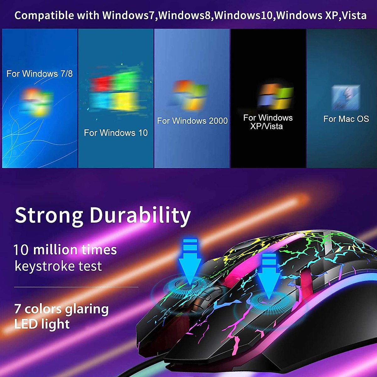 Atrasee RGB Gaming Mouse Wired PC Computer Mice for Laptop, 1200 DPI, 7 Colors LED Backlit, 3 Buttons, USB Ergonomic Optical Mouse for Game Office Windows Mac Linux, Crack