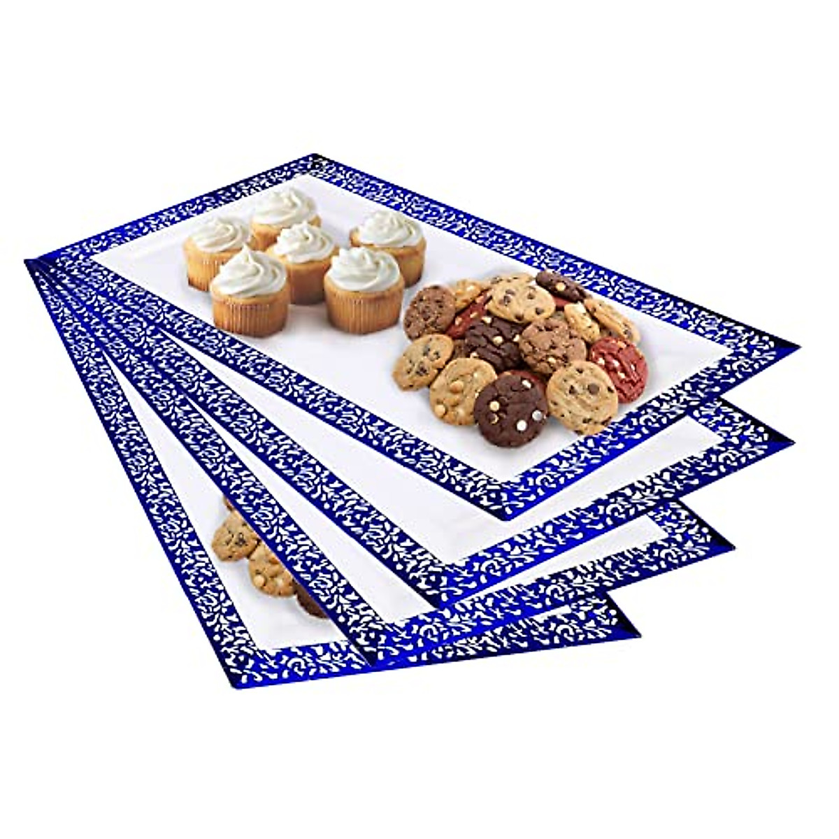 Yumchikel -Plastic Serving Tray & Platter Set (4pk)- Blue & White Lace Rim Disposable Serving Trays & Platters for Food - Weddings, Thanksgiving Parties, Dessert Table, Cupcake Display- 7.5x14 inches