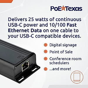 PoE Texas PoE+ Power and Data to USB-C Converter – Compatible with Apple Pro, Air, & Mini Tablets, Google Pixel, Lenovo M10+, Surface Go, Surface Pro, & Others, for POS, Digital Signage, & More