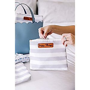 Stylish Diaper Bag Organizing Pouches - XL Set of 4 Gray and White Striped Canvas Diaper Bag Pouches with Leather Embossed Labels, Leather Wristlet Strap & Durable Metal Zippers