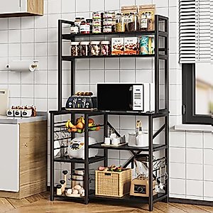 Gizoon Home Kitchen Baker's Rack with Spacious Storage, 5 Tier Versatile Microwave Stand Shelf with Basket & Side Hooks,Free Standing, Sturdy, Durable-Black