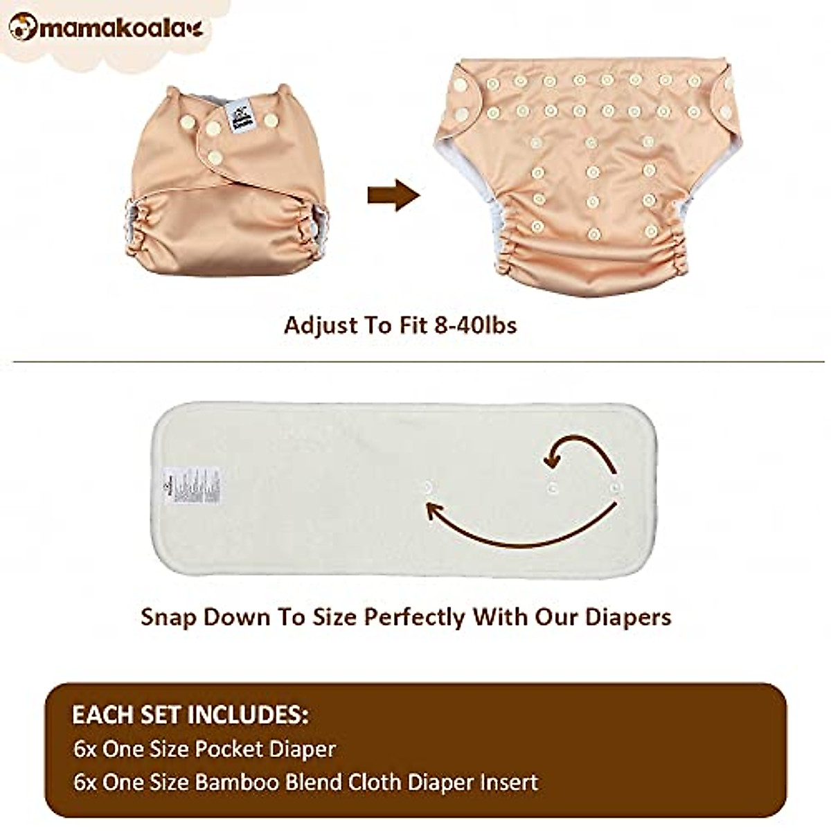 Mama Koala 2.0 Baby Cloth Diapers with AWJ Lining and Tummy Panel, Washable Reusable Pocket Diapers, 6 Pack with 6 Bamboo Diaper Inserts (Desert Sun)
