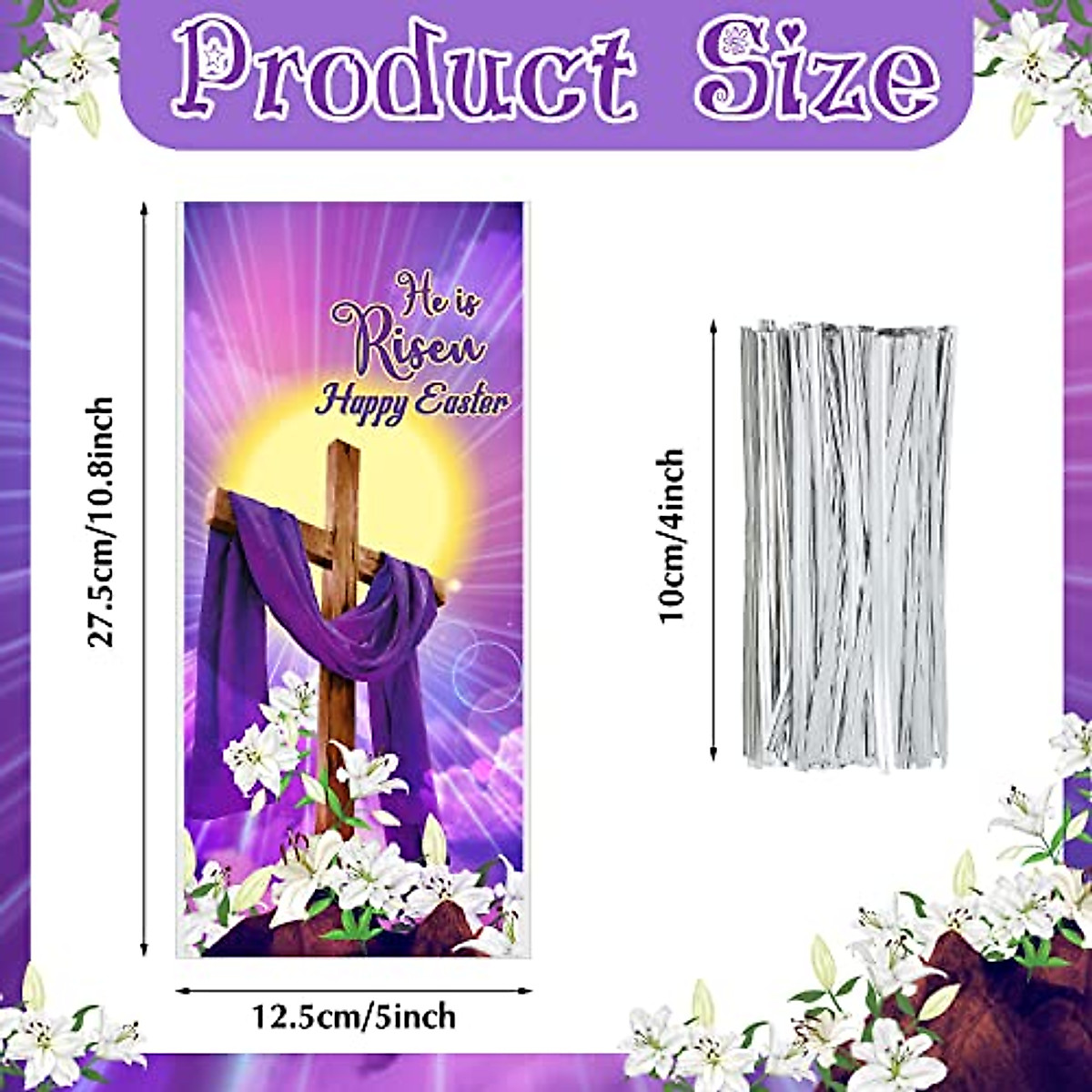 100 Pcs Easter Cellophane Bags He is Risen Spring Easter Gift Treat Bag Goodie Candy Bags with Ties Easter Cross Religious Decorations Birthday Party Decorations Supplies