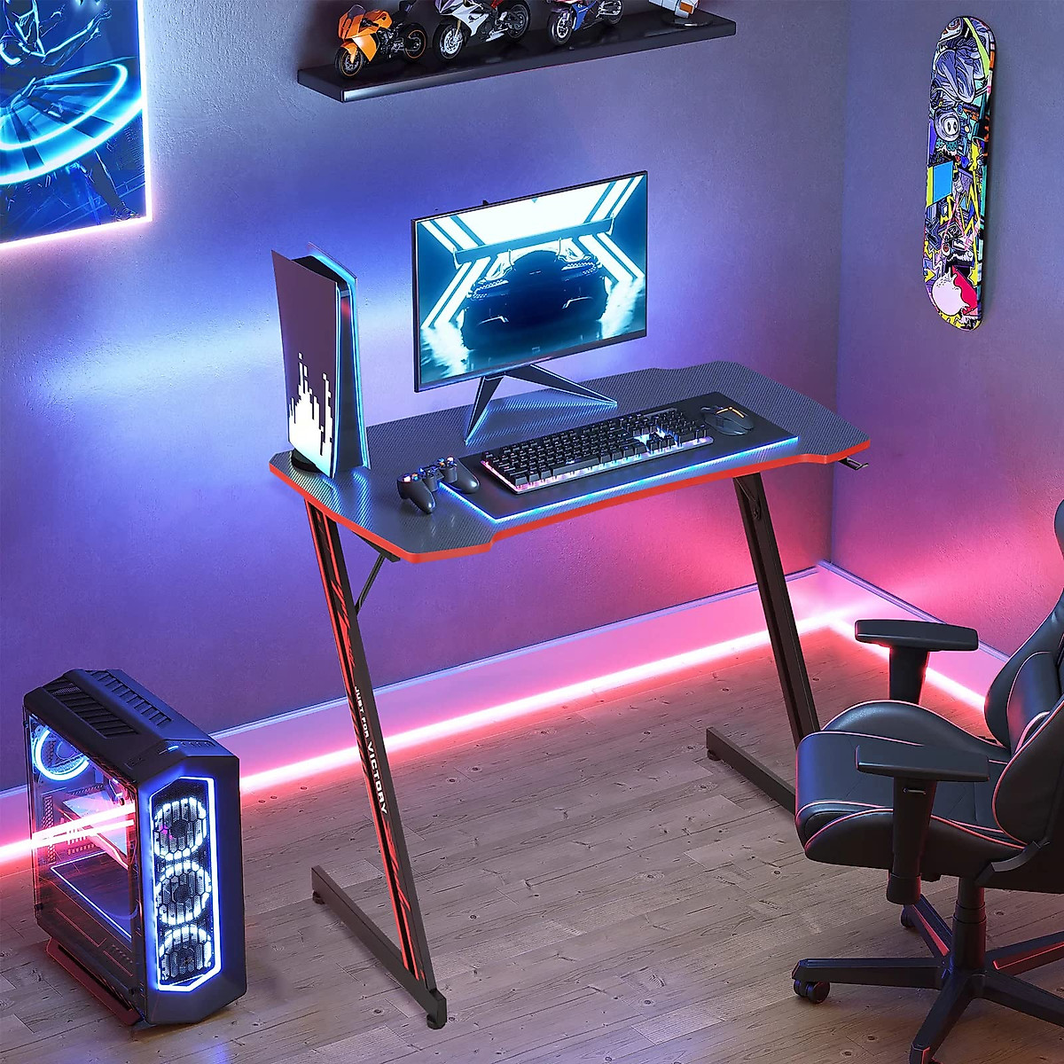 YYkokocat Small Gaming Desk 35 Inch PC Computer Desk with Headphone Hook Z Shaped Home Office Table Gamer Workstation for Small Spaces Gamer Desk Carbon Fiber Texture, Black Red
