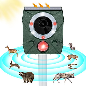 Solar Ultrasonic Animal Repeller Outdoor, Squirrel Deer Repellent, Ultrasonic Raccoon Repellent with Motion Sensor for Skunk, Fox, Deer, Wolf, Coyote, Rabbit, Mole