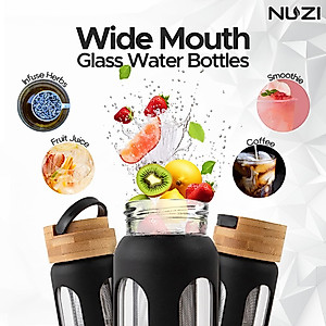 NUZI Glass Water Bottles 18 oz with Stainless Steel Fruit Infuser | Insulated Water Bottle | Reusable Glass Water Bottles with Silicone Sleeve & Bamboo Lid | BPA Free and Leakproof | Black | 1 Pc