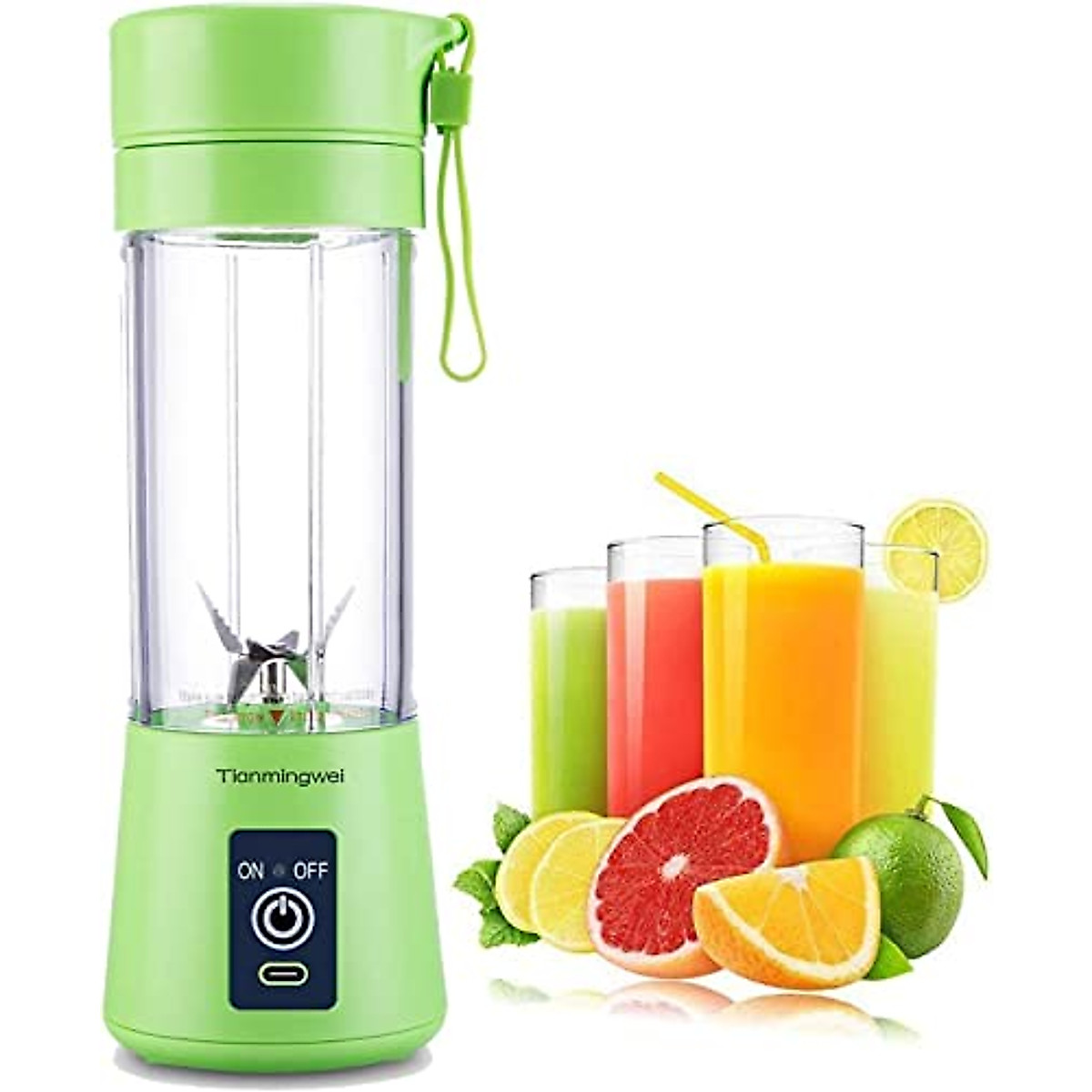 Tianmingwei Portable Blender Personal 6 Blades Juicer Cup Household Fruit Mixer with Magnetic Secure Switch USB Charger Cable 400ml (Green)