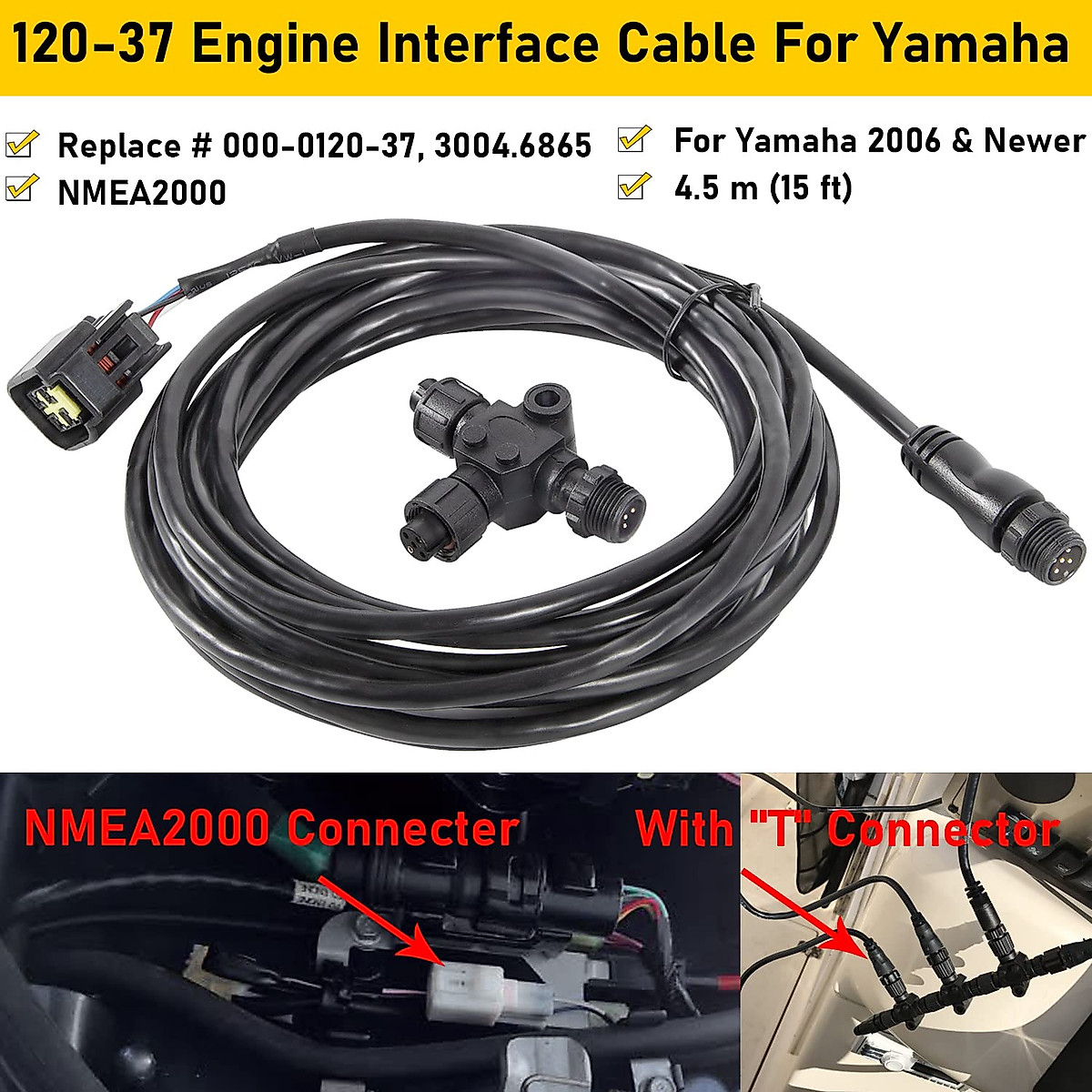 for Yamaha Engine Interface Cable NMEA2000 Connection with T Connector for Yamaha 2006 & Newer, Replace # 000-0120-37, 3004.6865-4.5 m (15 ft)