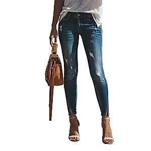 KUNMI Women's Mid Waisted Skinny Ripped Jeans Slim Fit Distressed Stretchy Denim Pants, 6, M002-blue