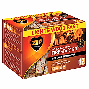 ZIP All Purpose for Outdoor and Indoor Long Burn Time Instant Light Fire Starter Ideal for Barbecue, Grilling, Camping, Hunting, Fishing, Tailgating, Firepits, Fireplace, Stove, Bonfires, Heating 12pk