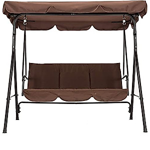 Outdoor Porch Swing, 3 Person Patio Swing Seat with Sunshade Canopy, Strong Weather Resistant Steel Frame, Outdoor Porch Swing Chair Bench for Patio, Garden, Poolside, Balcony, Backyard (Coffee)