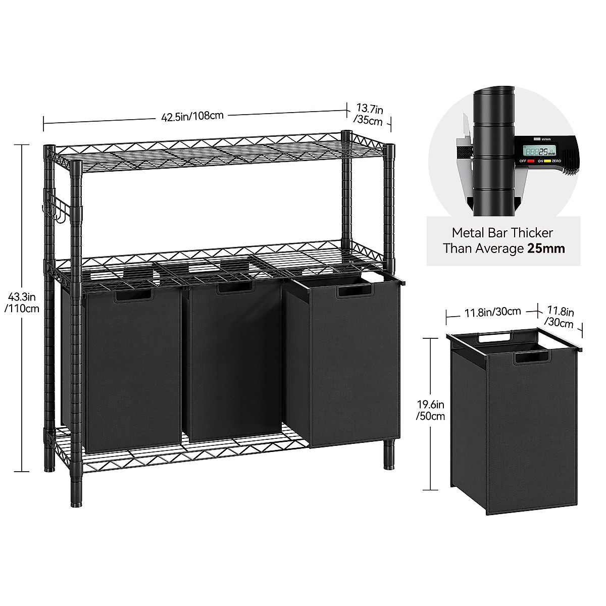 Laundry Sorters 3 Section with 3 X 45L Laundry Bags, 2 Tier Adjustable Metal Storage Shelf, Pull-Out & Removable Oxford Fabric Laundry Baskets, Black