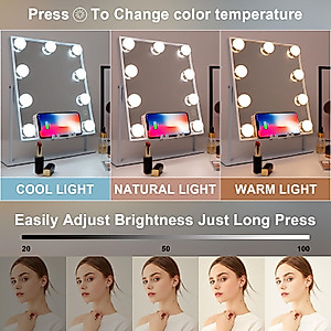 Fenair Lighted Vanity Mirror with Lights Speaker and Wireless Charging,Makeup Mirror with Lights and 10X Magnification Hollywood Mirror with 9 Dimmable LED Bulbs(White)