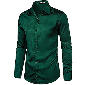 ZEROYAA Men's Hipster Floral Jacquard Long Sleeve Satin Silk Like Button Up Dress Shirts for Party Prom ZHCL55 Dark Green Small