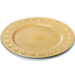 WUWEOT 12 Pack Gold Charger Plates, 13" Plastic Round Dinner Under Plates Bulk, Reusable Charger Service Base Plates with Embossed Pattern for Party, Wedding, Catering Event, Tabletop Decor