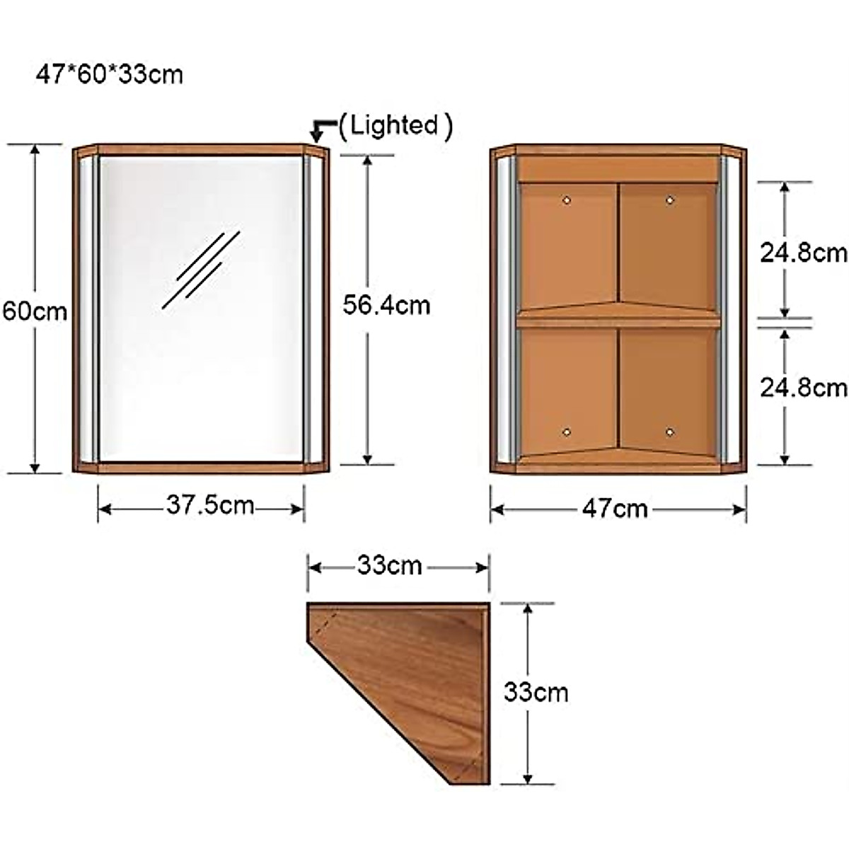 SDK Corner Medicine Cabinet with Light, White Bathroom Wall Mount Mirror Cabinet, Hanging Triple Shelf Storage Mirror Cabinet 13" x 18.5" x 23.6"