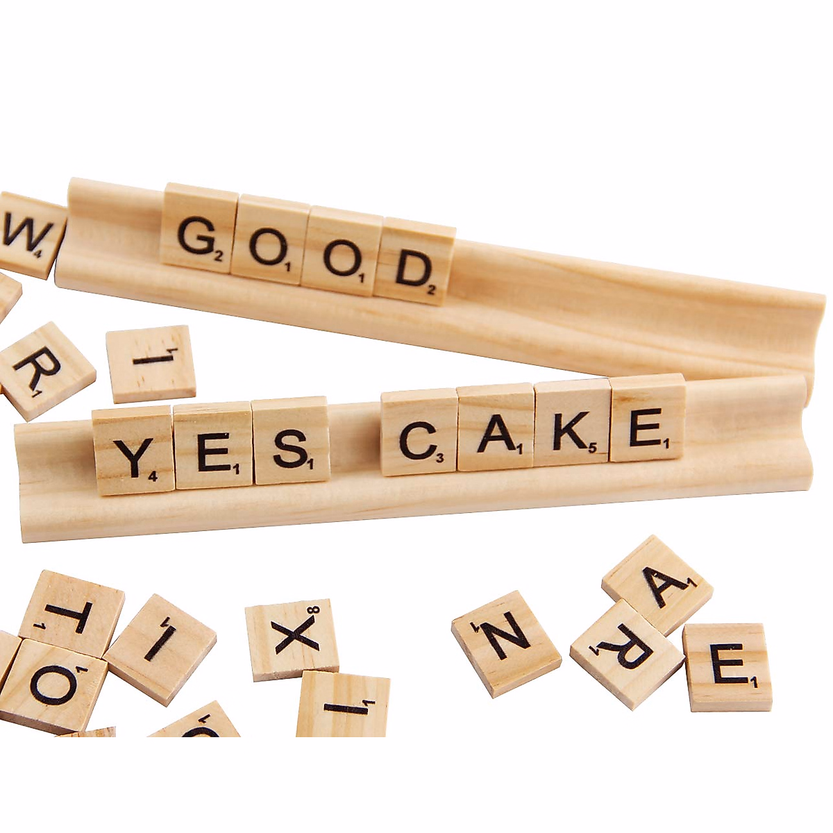 PINOWU 100pcs Wood Letter Tiles for Scrabble, Replacement for Scrabble Letters with Wood Racks and Cloth Gift Bag Craft Playing Alphabet Coasters and Wall Decoration