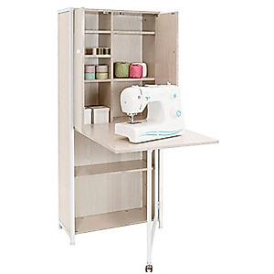 Sew Ready Sewing/Multipurpose (58.25" Tall) with Deep Drop Leaf Top and Storage Shelves Multi-Use Craft Armoire, White/Birch