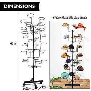 uyoyous 6-Tier Hats Display Rack Rotating Retail Hat Rack Stand 30 Hooks Adjustable Hat Headwear Rack with Wheels Metal Free Standing Hat Hanger Floor Standing Tower for Wig Cap Baseball Hats